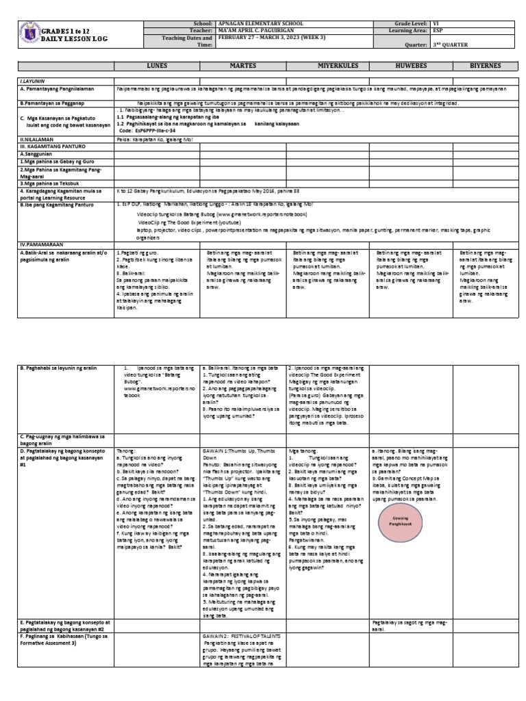 Quarter 3 Week 3 Grade 6 DLL ESP | PDF