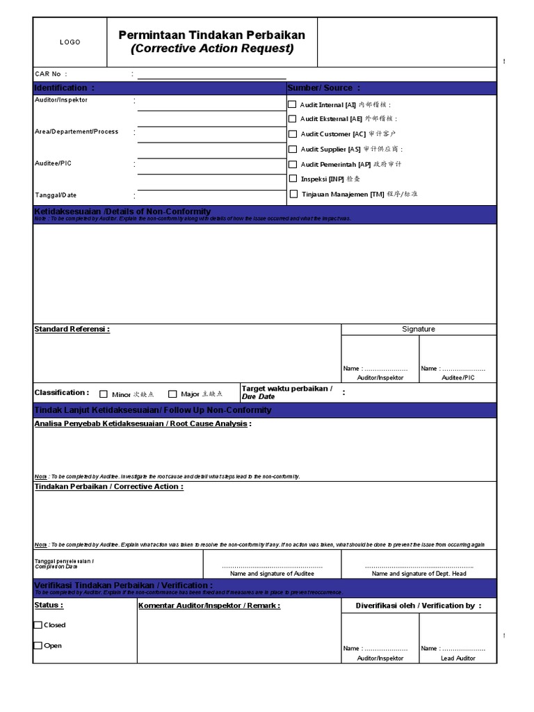 Form Corrective Action Request (CAR) | PDF | Audit | Quality