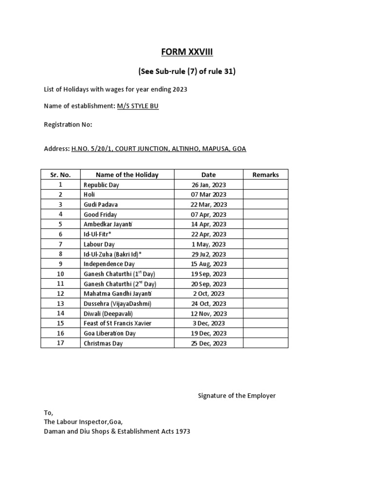 Form 28-List of Holidays 2023 | PDF
