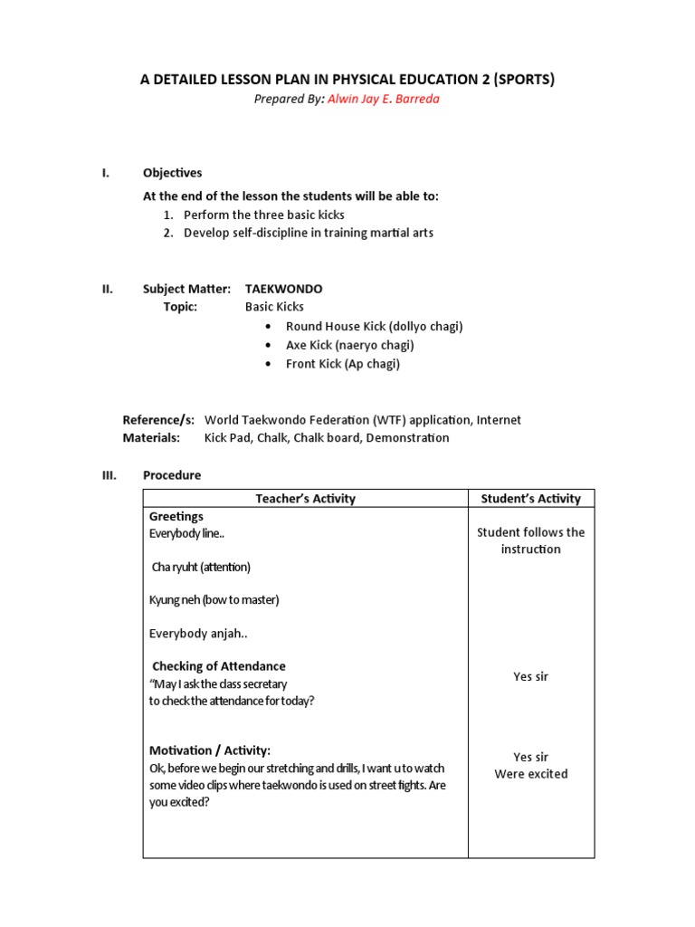 A Detailed Lesson Plan - PE2 | PDF | Taekwondo | Individual Sports