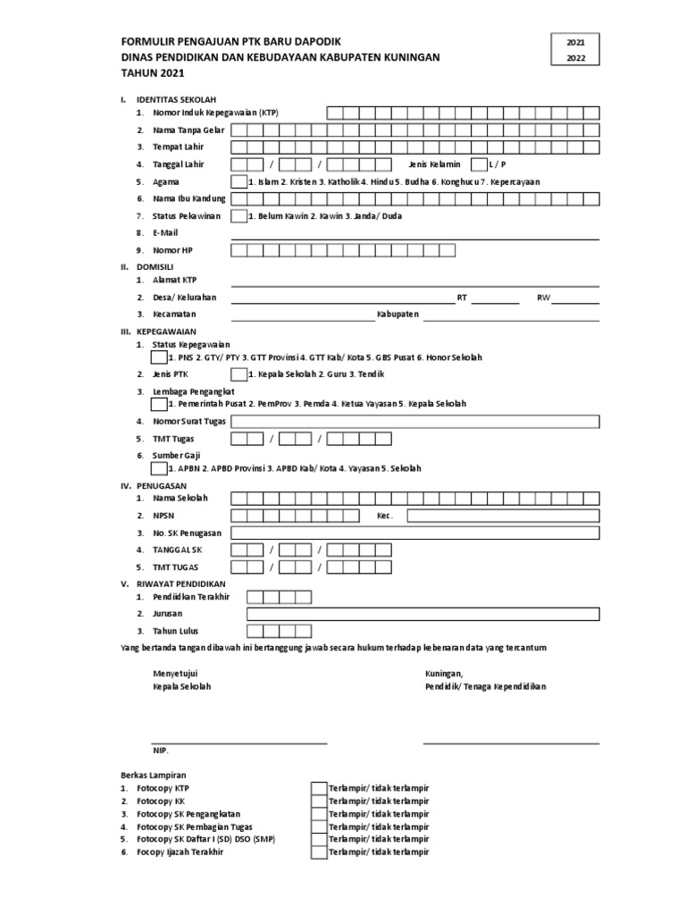FK01 - Ajuan PTK Baru (Dapodik Kuningan 2022) | PDF