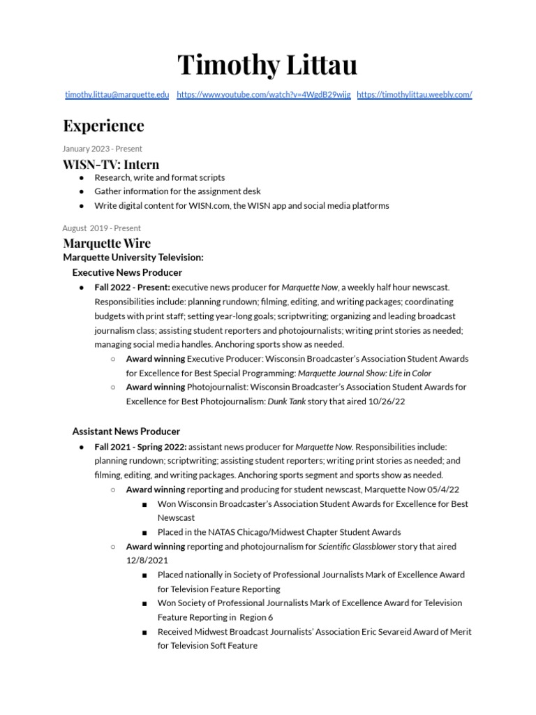 Timothy Littau On-Air Resume March 2023 Weebly | PDF | News ...