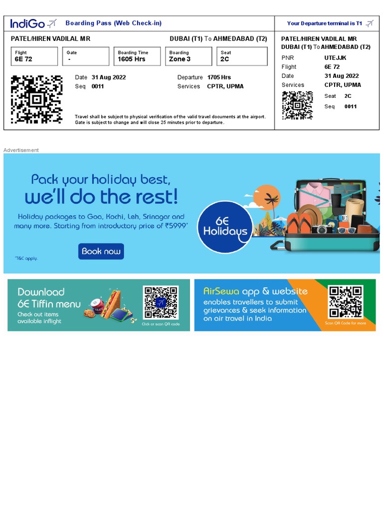 6E 72 1605 Hrs Zone 3 2C: Boarding Pass (Web Check In) | PDF | Aviation ...