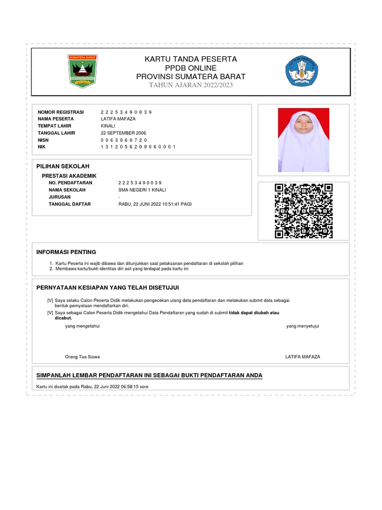 Kartu Peserta PPDB Sumbar 2022 | PDF
