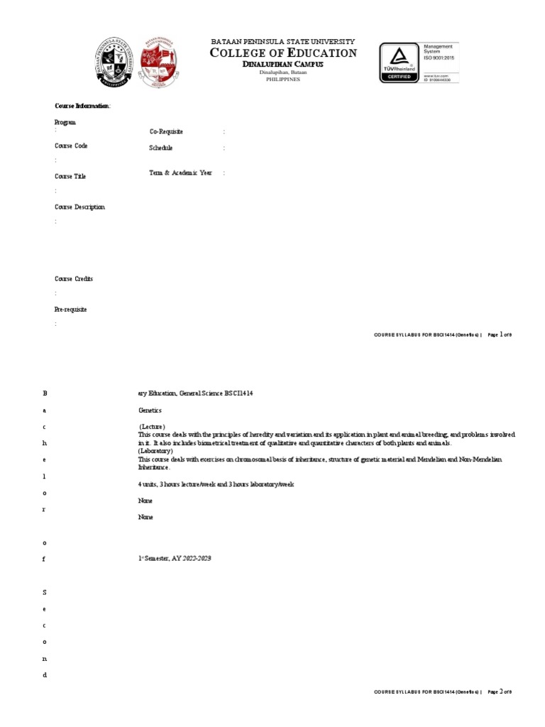 Genetics Syllabus Pdf Heredity Genetics 4491