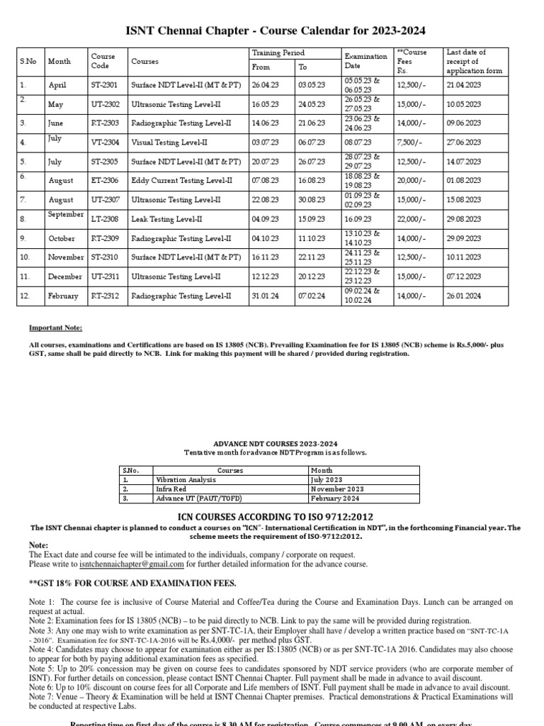 ISNT Chennai 2023-2024 Course Calendar | PDF | Nondestructive Testing | Fee