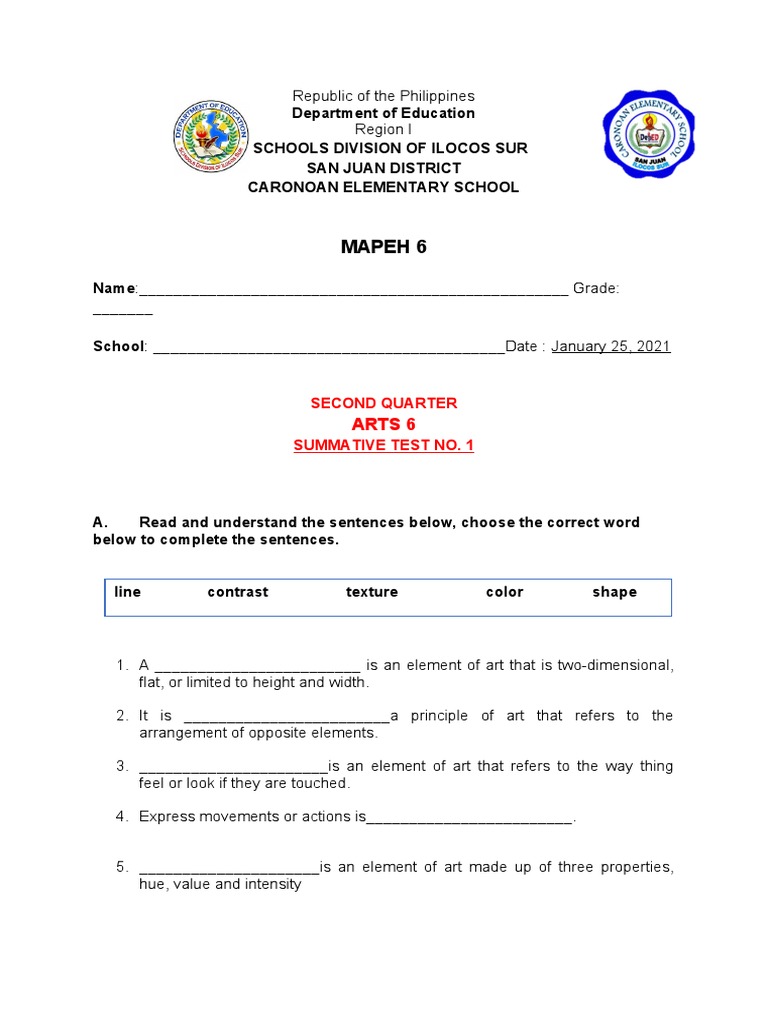 Quarter 2 Summative Test Mapeh 6 Sy. 2020-2021 | PDF | Volleyball ...