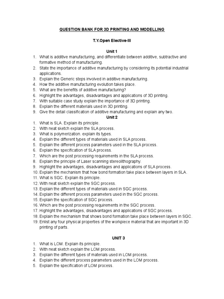 Question Bank 3D Printing | PDF | 3 D Printing | Business Process
