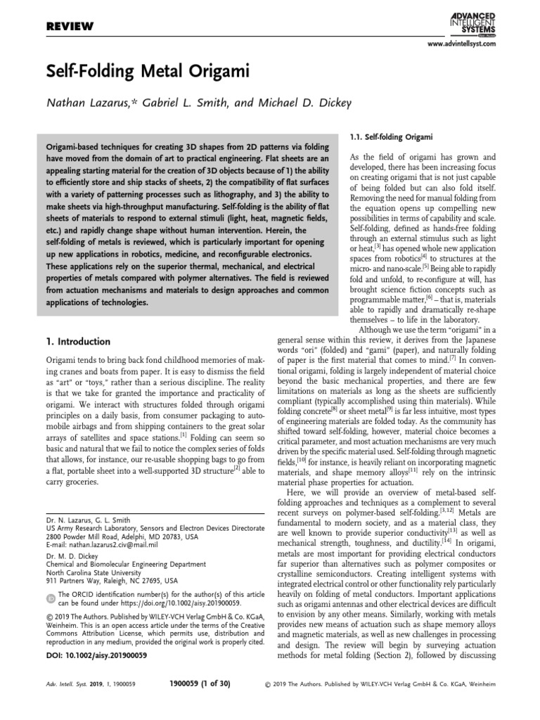 Self-Folding Metal Origami A Review | PDF | Shape Memory Alloy | Materials