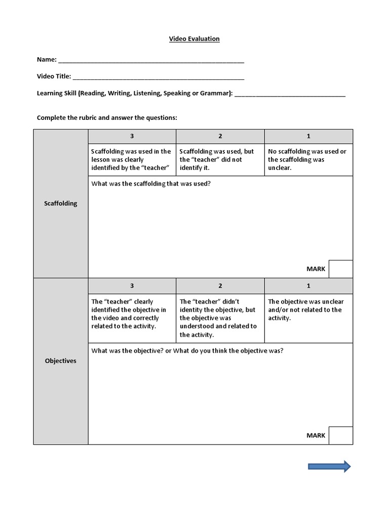 Video Evaluation Sheet | PDF | Teachers | Learning
