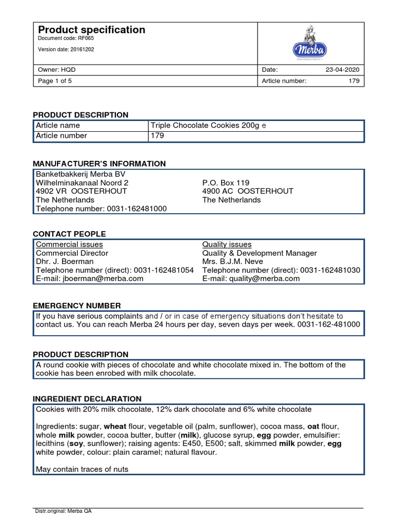Triple Chocolate Cookies Specs | PDF | Fat | Chocolate