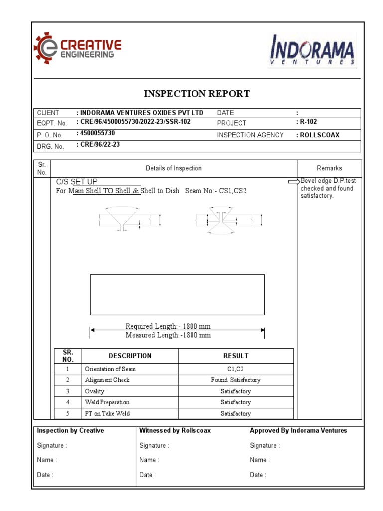 Inspection Report: C/S Set Up For Main Shell TO Shell & Shell To Dish ...