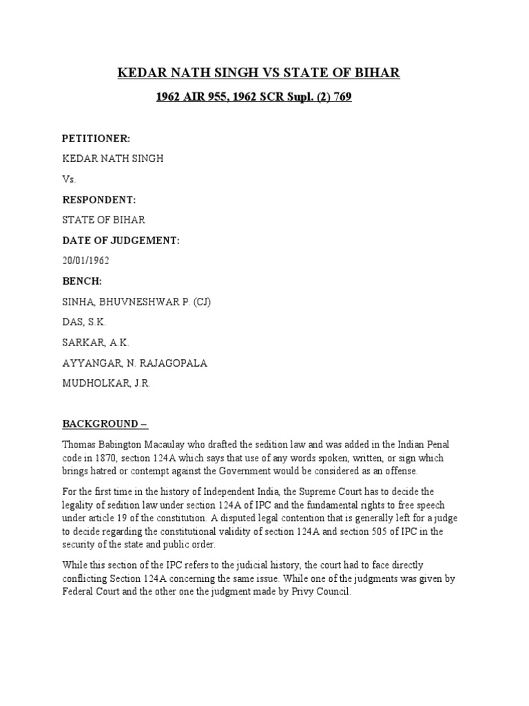 Kedar Nath Singh Vs State of Bihar | PDF | Judiciaries | Public Sphere