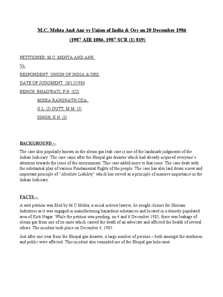 M.C. Mehta and Anr Vs Union of India & Ors | PDF | Legal Liability | Justice