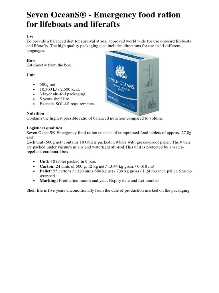 Emergency Food Ration and Drinking Water Seven Ocean | PDF | Packaging ...
