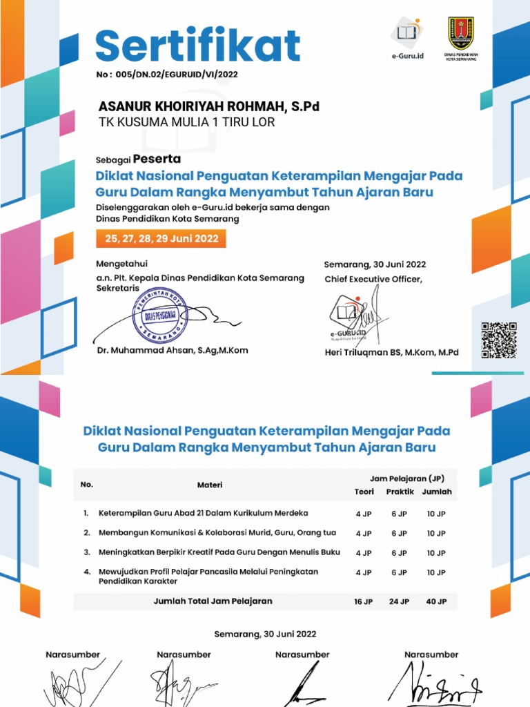 ASANUR KHOIRIYAH ROHMAH, S.PD Sertifikat 40JP Juni E-Guru - Id | PDF