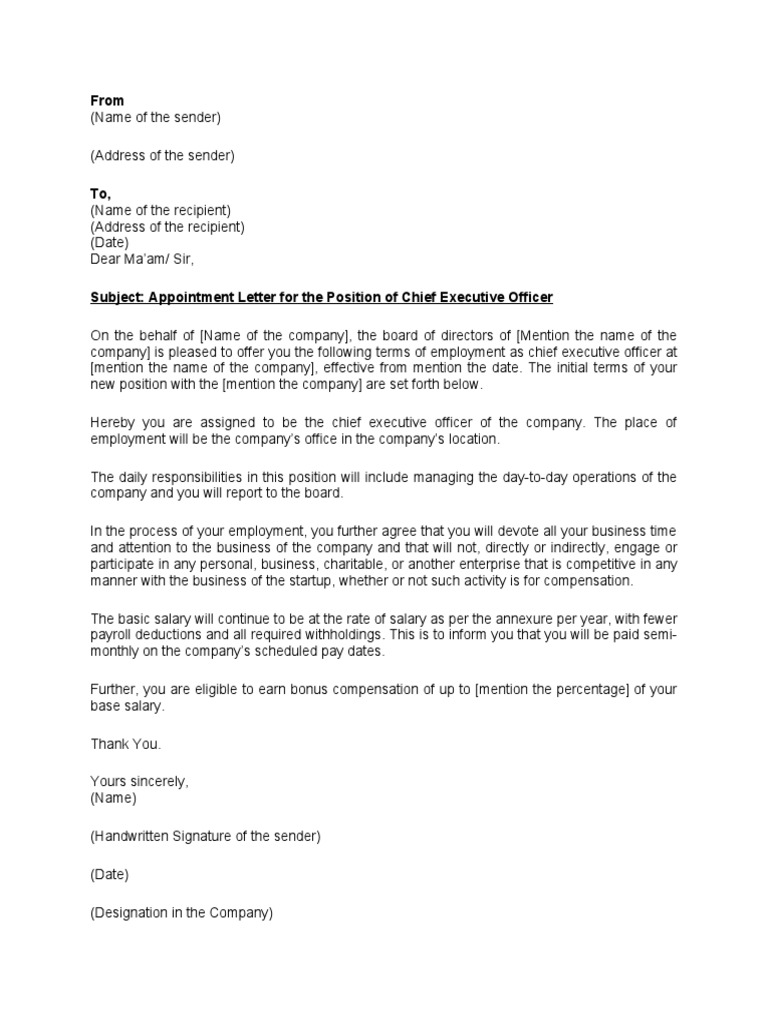 CEO Appointment Letter Template | PDF