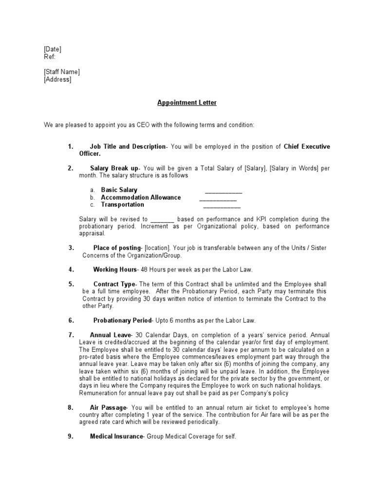 CEO Appointment Sample Letter | PDF | Employment | Salary