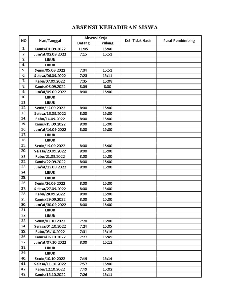 Absensi Kehadiran Siswa 2022 | PDF