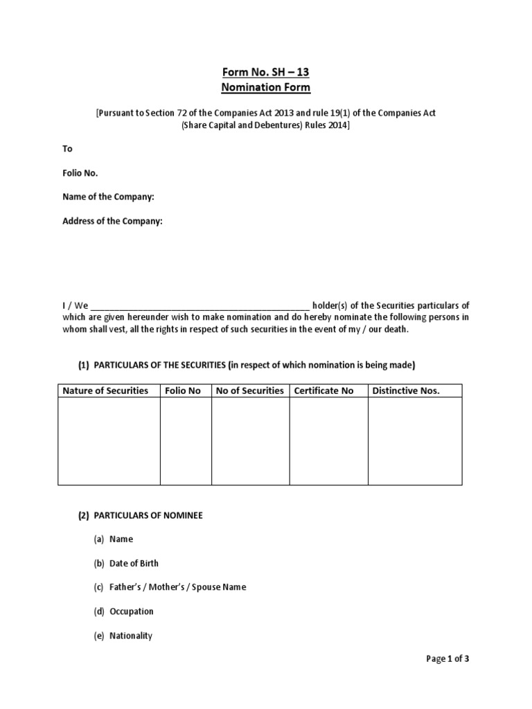 Form SH 13 - Nomination | PDF | Securities (Finance) | Private Law