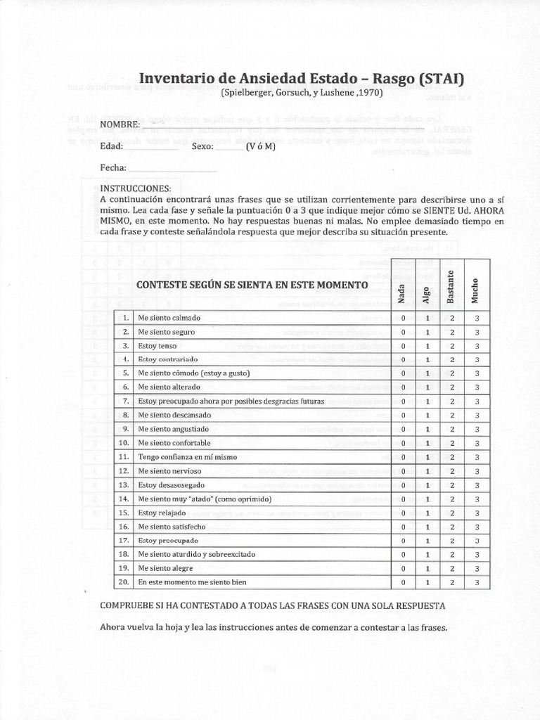 Inventario de Ansiedad Estado-Rasgo (STAI) | PDF