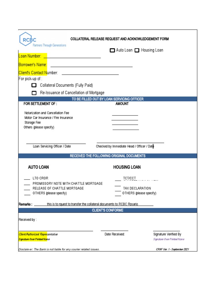 Annex A - Collateral Release Request and Acknowledgement Form | PDF