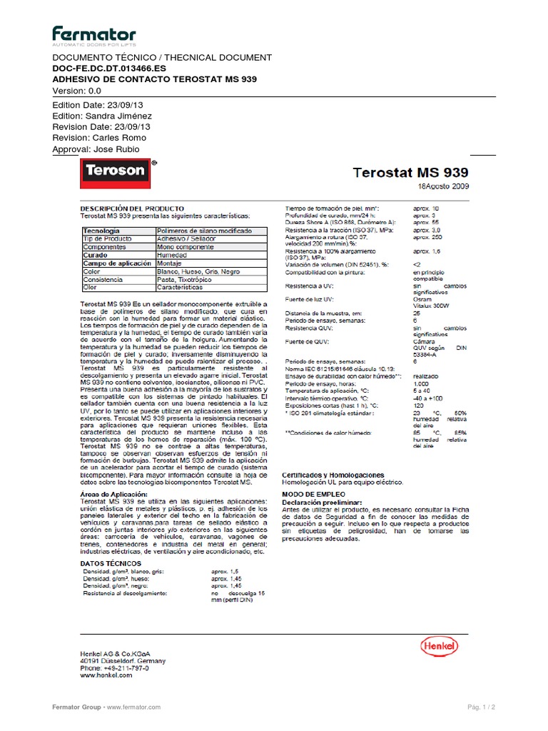Adhesivo de Contacto Terostat MS 939 | PDF