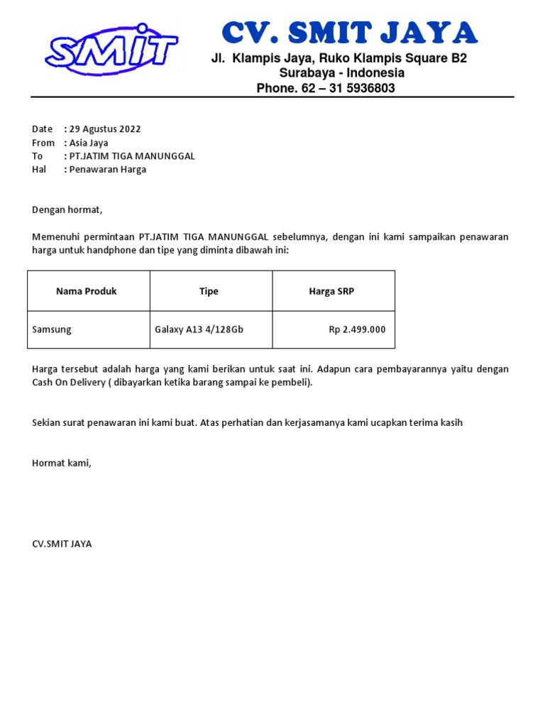 Surat Penawaran Samsung | PDF