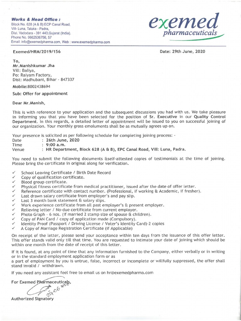 Offer Letter Exemed | PDF
