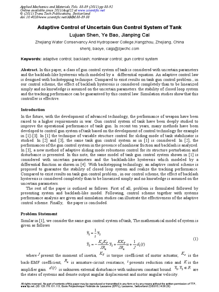 Adaptive Control of Uncertain Gun Control System of Tank (396KB) | PDF ...