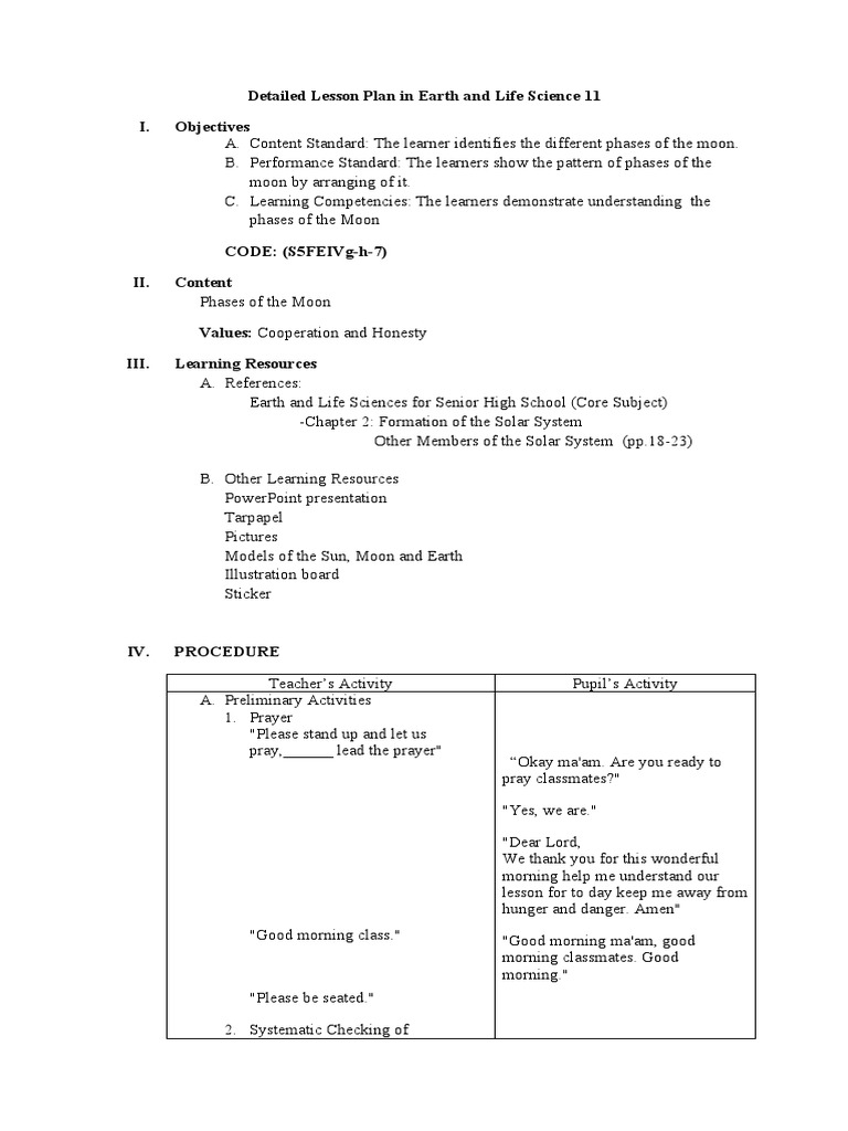 Detailed Lesson Plan in Earth and Life Science | PDF | Sun | Moon