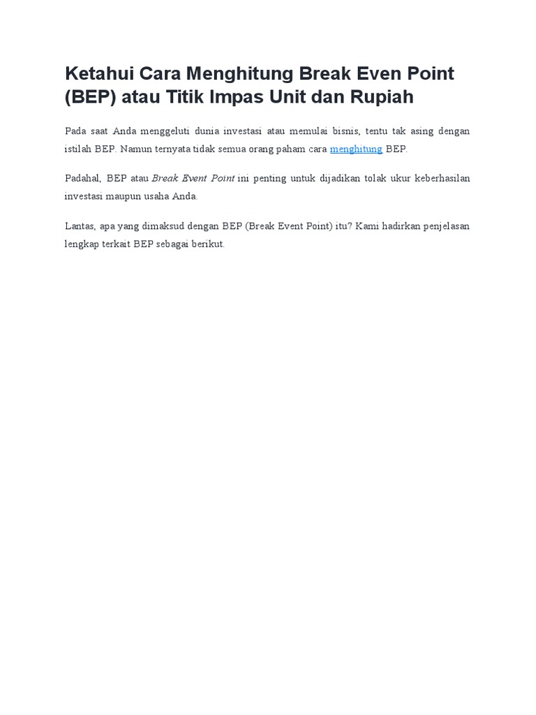 Ketahui Cara Menghitung Break Even Point Pdf