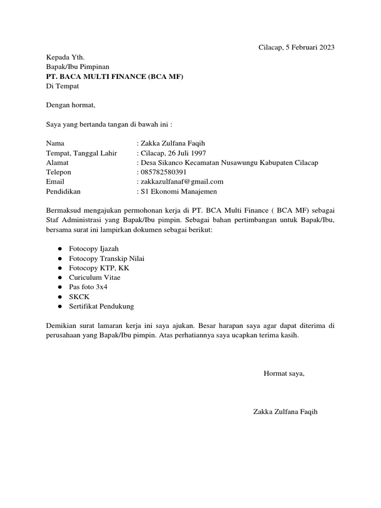Surat Lamaran BCA MULTI FINANCE | PDF