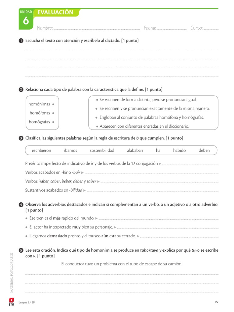 Evaluacion Unidad 6 Lengua SM Mas Savia 6to Primaria | PDF | Verbo ...