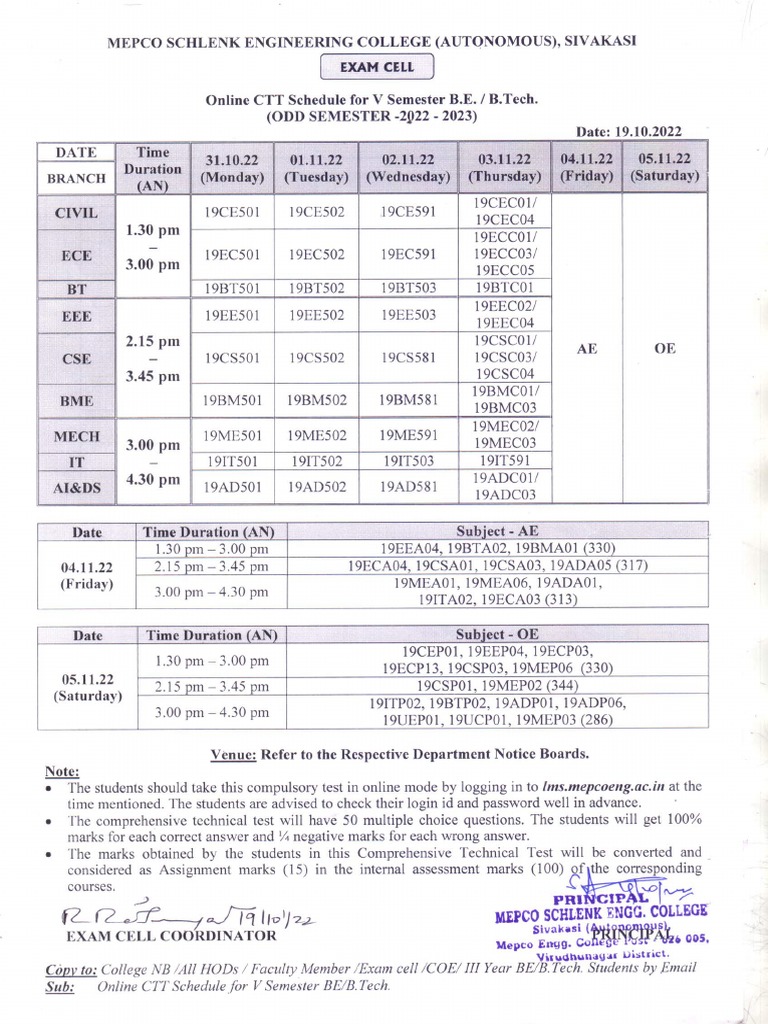 Online CTT Schedule For V Semester BE-B.Tech | PDF