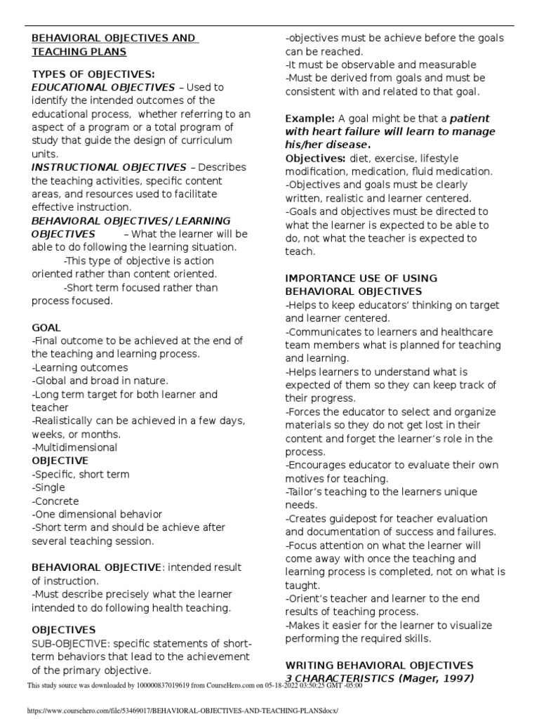 Behavioral Objectives and Teaching Plans | PDF | Learning | Attitude ...