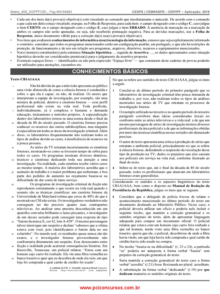 Prova Perito Criminal Federal Área 3 | PDF | P2P (ponto a ponto) | Science