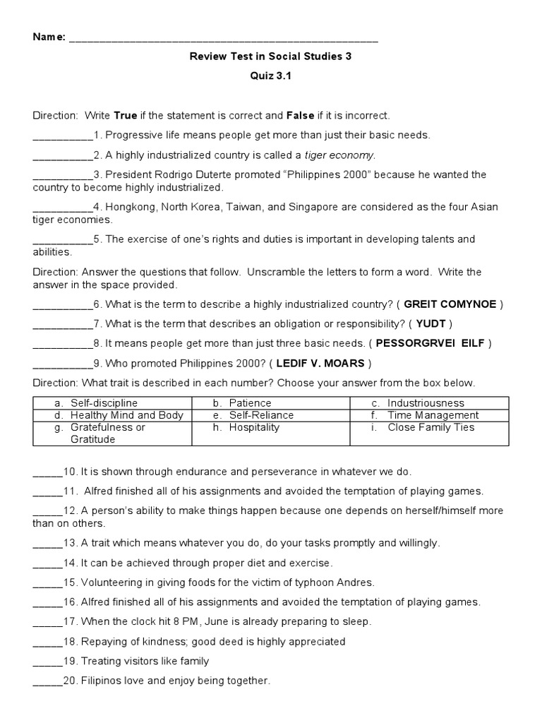 Social Studies Review Test Quiz 3.1 | PDF