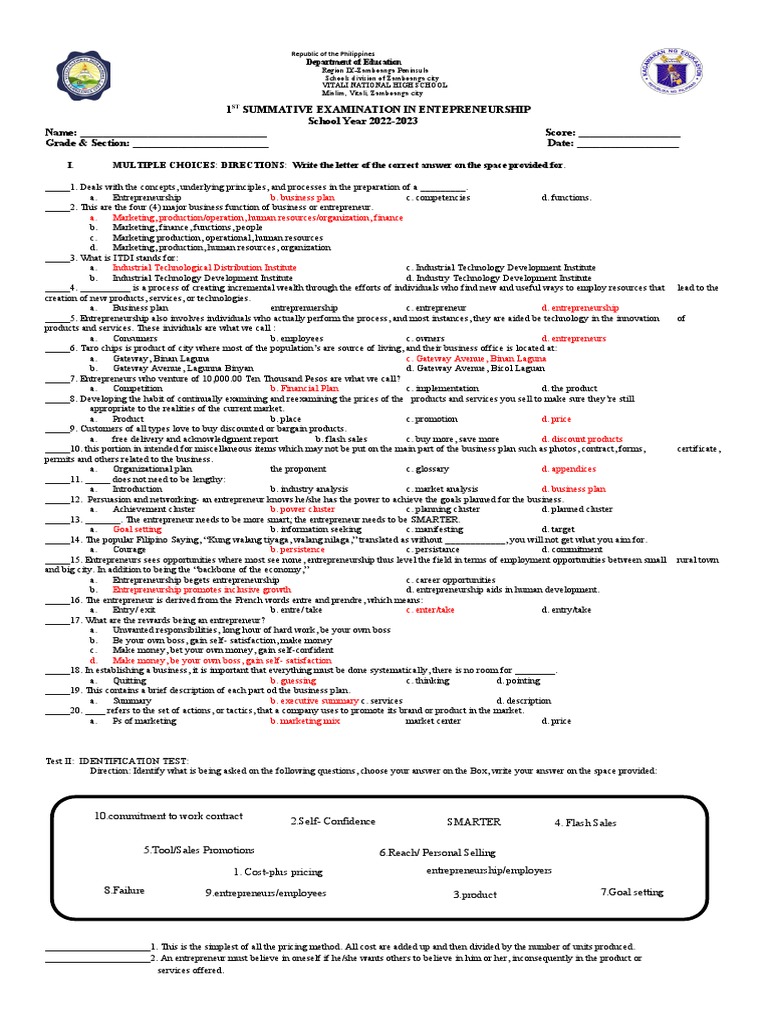 Entrep Summative Ready q1 REVISED W Answer | PDF | Product (Business) | Marketing