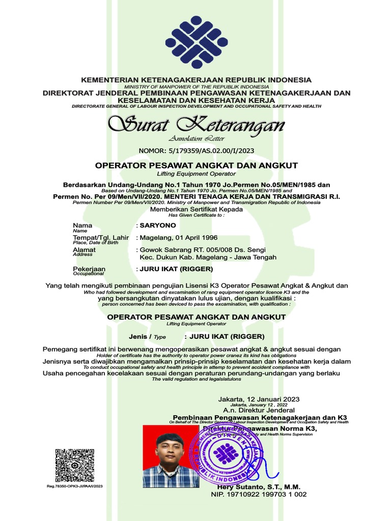 Sertifikat Rigger Saryono | PDF