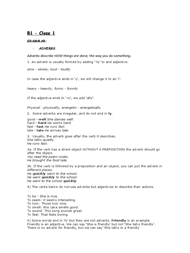 B1 - Clase 1: Adverbs Describe HOW Things Are Done, The Way You Do Something | PDF | Adverb
