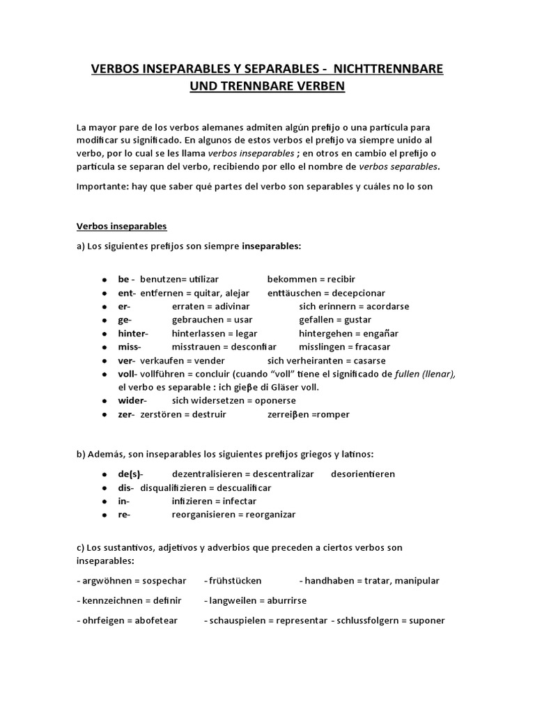 Verbos Alemanes: Separables vs Inseparables | PDF | Morfología ...