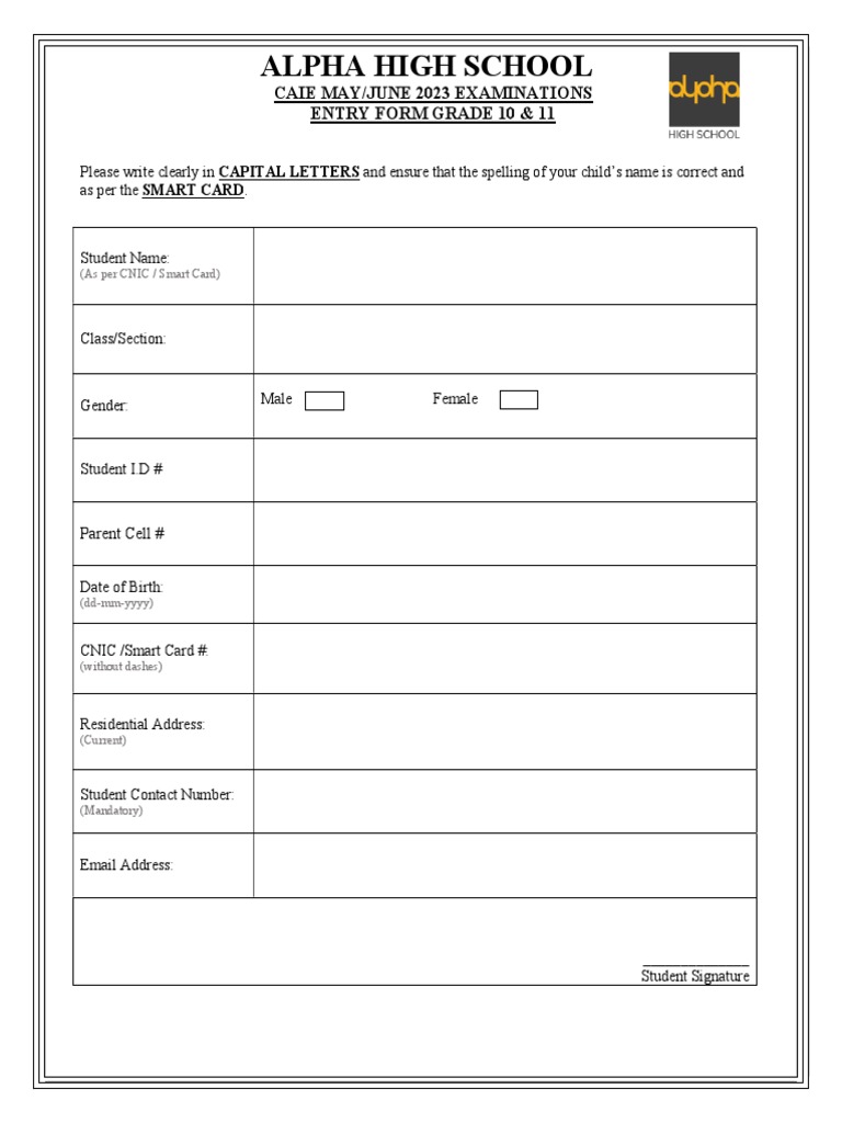 Alpha High School CAIE Entry Form | PDF | Smart Card