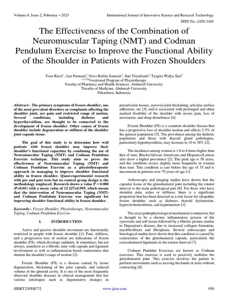 The Effectiveness of The Combination of Neuromuscular Taping (NMT) and Codman Pendulum Exercise ...