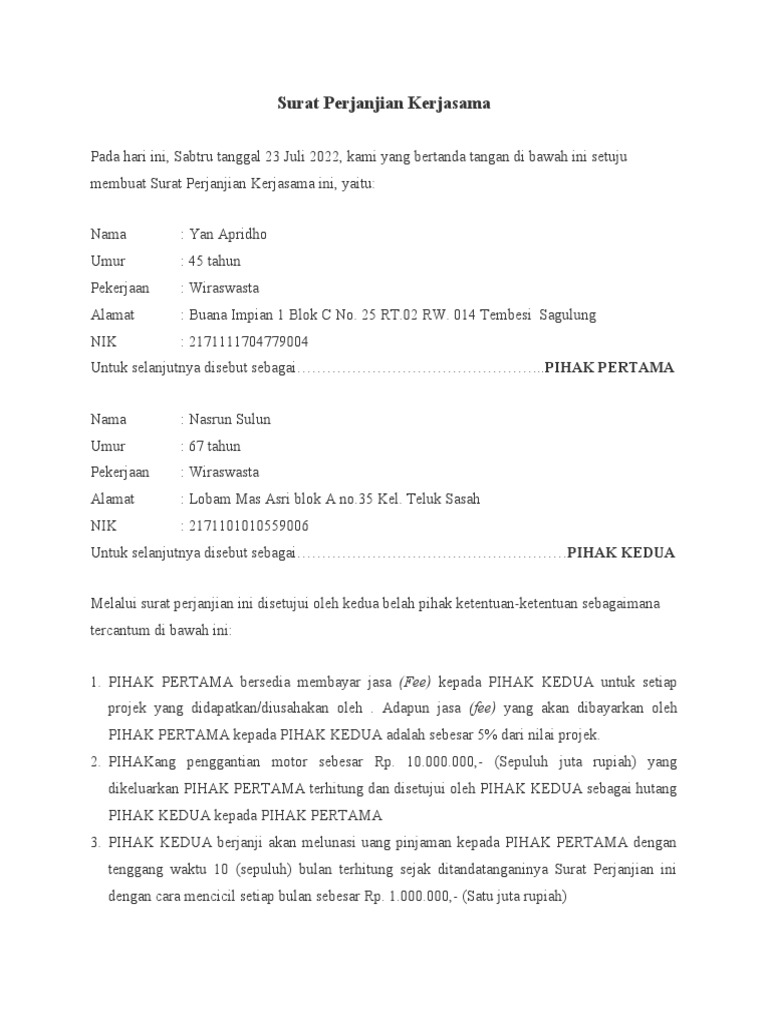 Surat Perjanjian Kerjasama Pdf