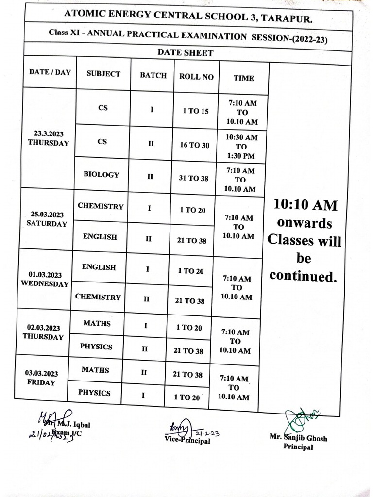 Date Sheet - XI Practical | PDF