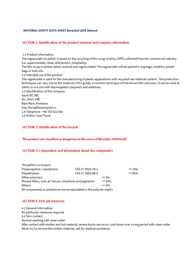 LDPE Regranulate Safety Data Sheet | PDF | Firefighting | Carbon Dioxide