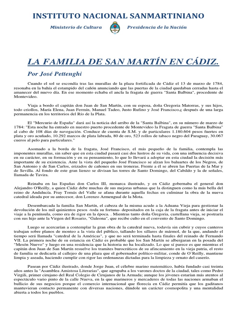 La llegada de la familia San Martín a Cádiz | PDF