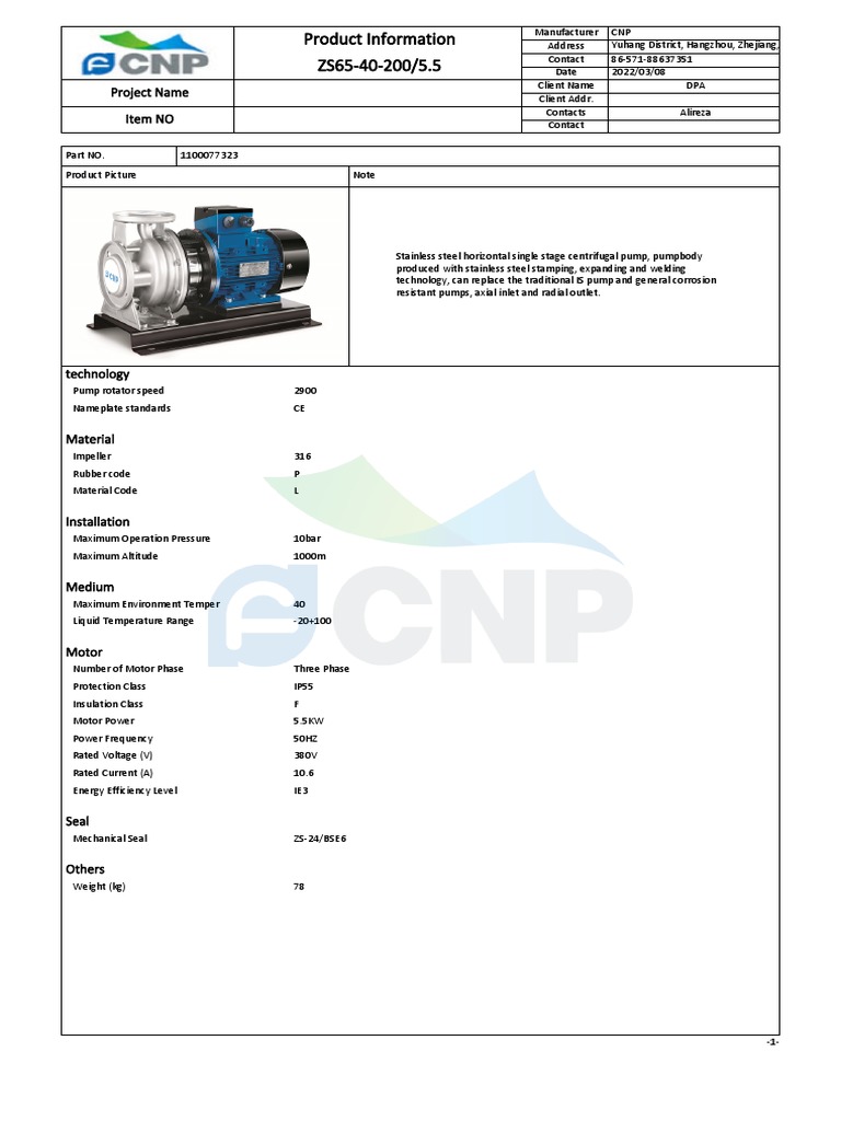 ZS65 40 200 5 5 | PDF | Pump | Electric Motor