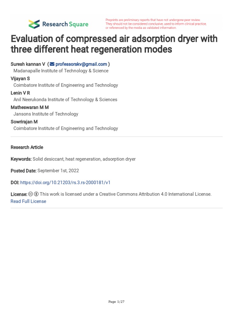 Evaluation of Compressed Air Adsorption Dryer With | PDF | Heat ...
